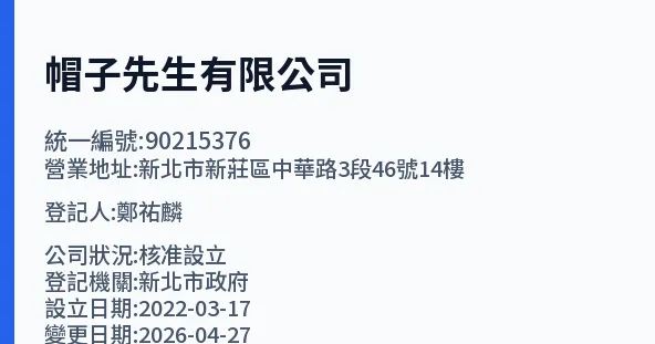 帽子先生有限公司的照片-統編 90215376(新北市) 公司登記資料與營業項目詳細圖表