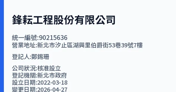 鋒耘工程股份有限公司的照片-統編 90215636(新北市) 公司登記資料與營業項目詳細圖表