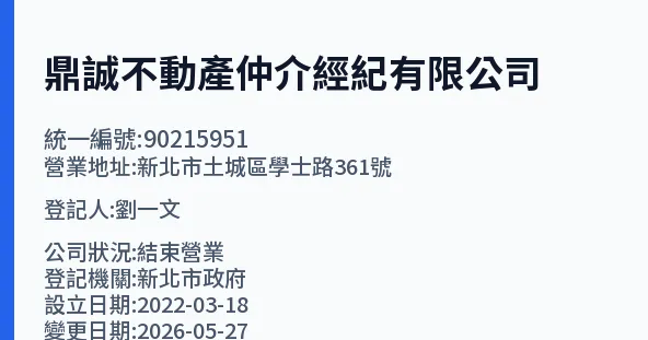 鼎誠不動產仲介經紀有限公司的照片-統編 90215951(新北市) 公司登記資料與營業項目詳細圖表
