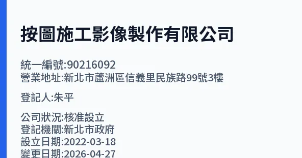 按圖施工影像製作有限公司的照片-統編 90216092(新北市) 公司登記資料與營業項目詳細圖表