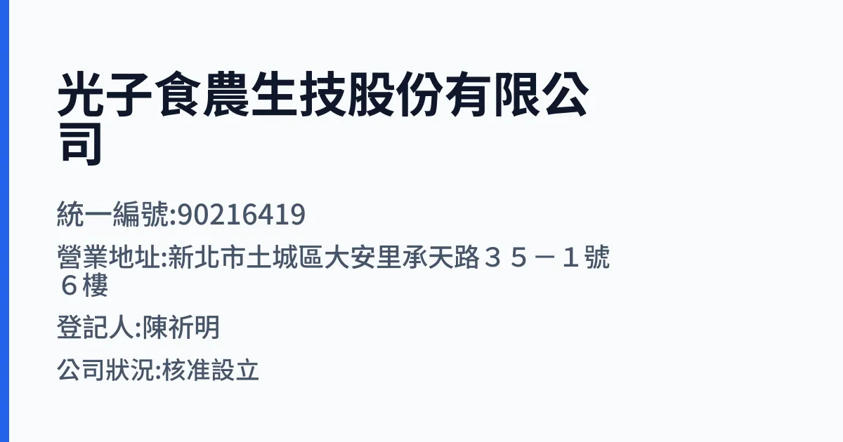 光子食農生技股份有限公司 - 統編 90216419(新北市) 公司登記資料與營業項目詳細圖表