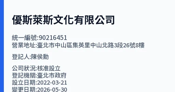 優斯萊斯文化有限公司的照片-統編 90216451(臺北市) 公司登記資料與營業項目詳細圖表