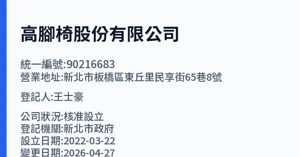 高腳椅股份有限公司的照片-統編 90216683(新北市) 公司登記資料與營業項目詳細圖表