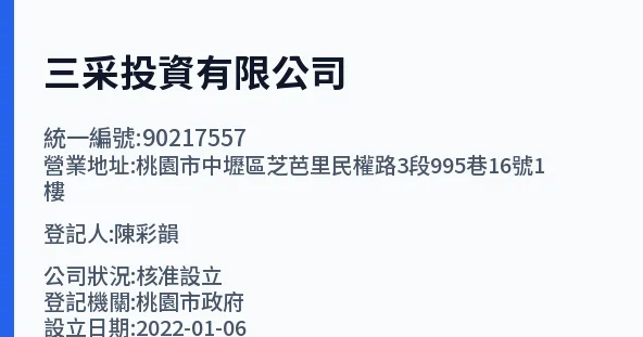 三采投資有限公司的照片-統編 90217557(桃園市) 公司登記資料與營業項目詳細圖表