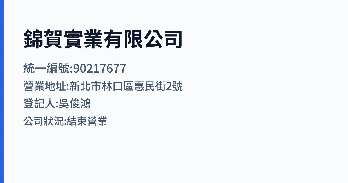 錦賀實業有限公司 - 統編 90217677(新北市) 公司登記資料與營業項目詳細圖表