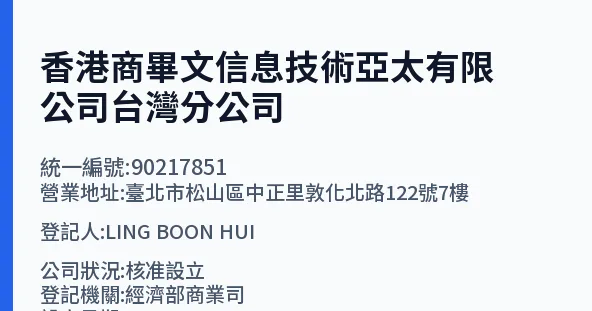 香港商畢文信息技術亞太有限公司台灣分公司的照片-統編 90217851(臺北市) 公司登記資料與營業項目詳細圖表