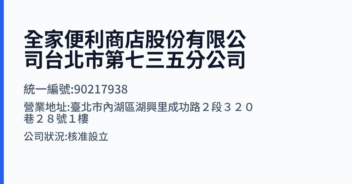 全家便利商店股份有限公司台北市第七三五分公司 - 統編 90217938(臺北市) 公司登記資料與營業項目詳細圖表