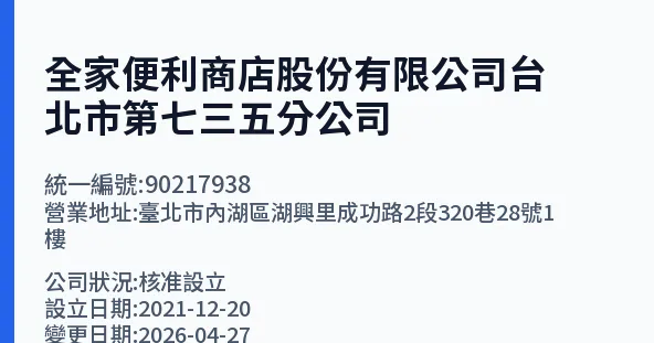 全家便利商店股份有限公司台北市第七三五分公司的照片-統編 90217938(臺北市) 公司登記資料與營業項目詳細圖表