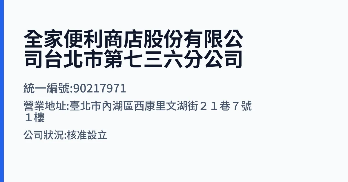 全家便利商店股份有限公司台北市第七三六分公司 - 統編 90217971(臺北市) 公司登記資料與營業項目詳細圖表