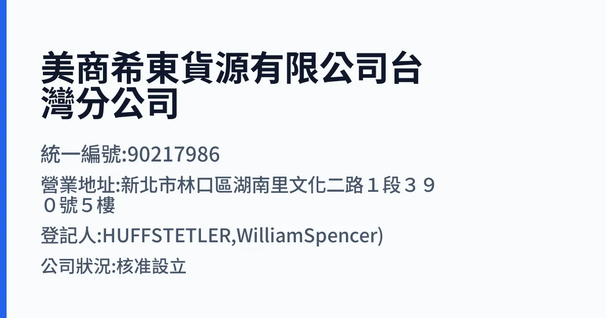 美商希東貨源有限公司台灣分公司 - 統編 90217986(新北市) 公司登記資料與營業項目詳細圖表