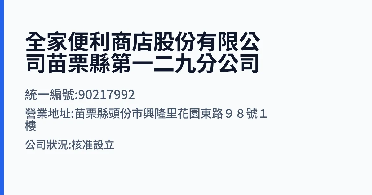 全家便利商店股份有限公司苗栗縣第一二九分公司 - 統編 90217992(苗栗縣) 公司登記資料與營業項目詳細圖表