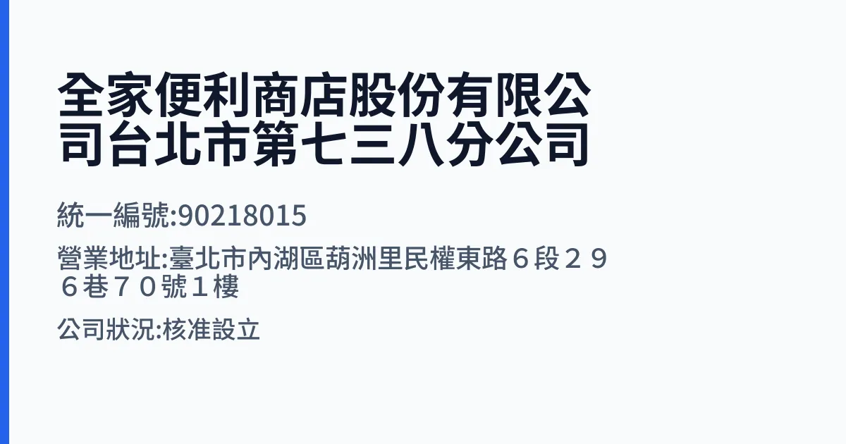 全家便利商店股份有限公司台北市第七三八分公司 - 統編 90218015(臺北市) 公司登記資料與營業項目詳細圖表