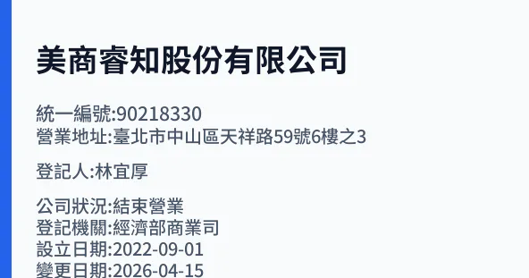美商睿知股份有限公司的照片-統編 90218330(臺北市) 公司登記資料與營業項目詳細圖表