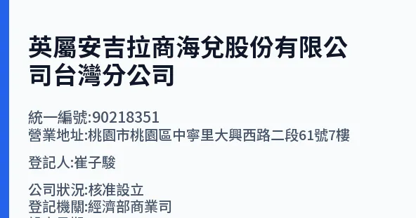 英屬安吉拉商海兌股份有限公司台灣分公司的照片-統編 90218351(桃園市) 公司登記資料與營業項目詳細圖表
