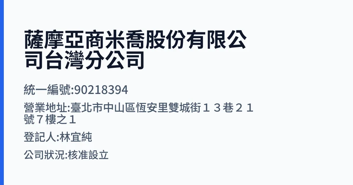 薩摩亞商米喬股份有限公司台灣分公司 - 統編 90218394(臺北市) 公司登記資料與營業項目詳細圖表