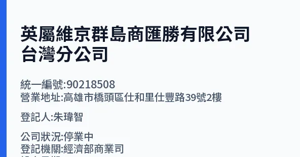 英屬維京群島商匯勝有限公司台灣分公司的照片-統編 90218508(高雄市) 公司登記資料與營業項目詳細圖表