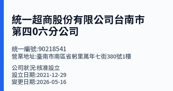 統一超商股份有限公司台南市第四0六分公司的照片-統編 90218541(臺南市) 公司登記資料與營業項目詳細圖表