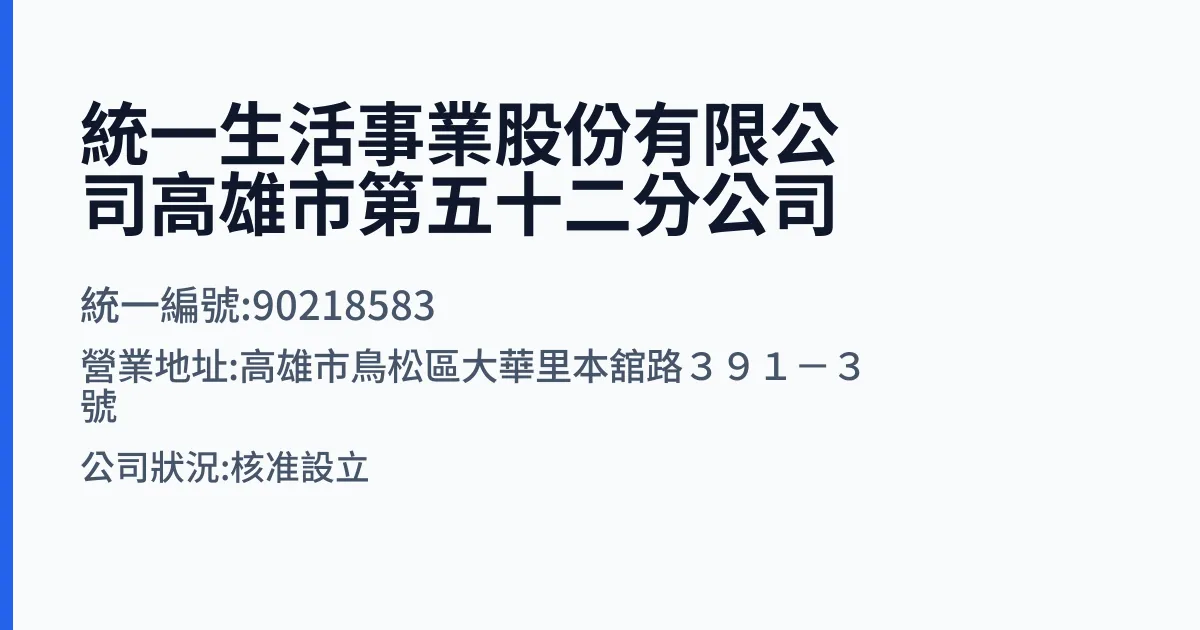 統一生活事業股份有限公司高雄市第五十二分公司 - 統編 90218583(高雄市) 公司登記資料與營業項目詳細圖表