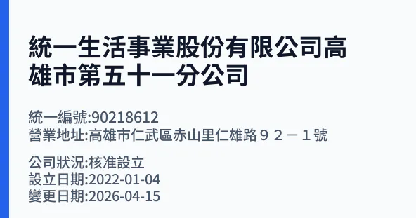 統一生活事業股份有限公司高雄市第五十一分公司的照片-統編 90218612(高雄市) 公司登記資料與營業項目詳細圖表