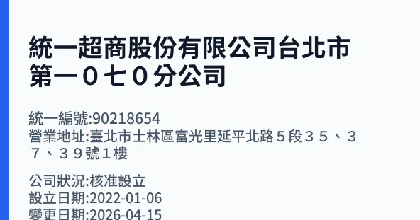 統一超商股份有限公司台北市第一０七０分公司的照片-統編 90218654(臺北市) 公司登記資料與營業項目詳細圖表