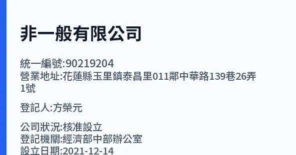 非一般有限公司的照片-統編 90219204(花蓮縣) 公司登記資料與營業項目詳細圖表