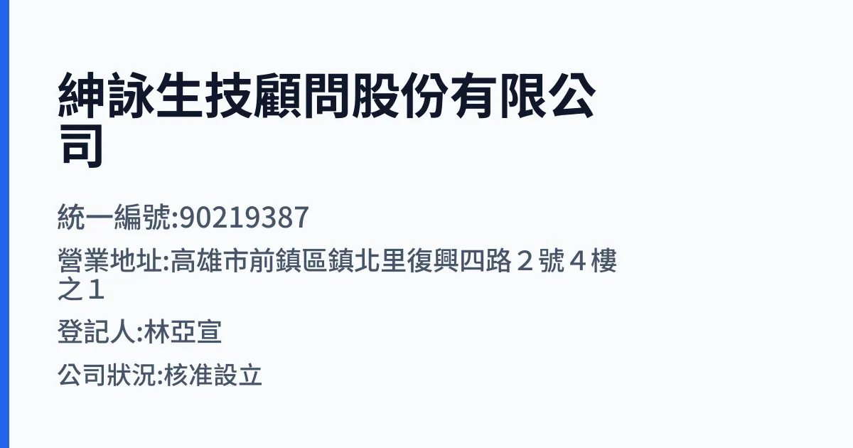 紳詠生技顧問股份有限公司 - 統編 90219387(高雄市) 公司登記資料與營業項目詳細圖表