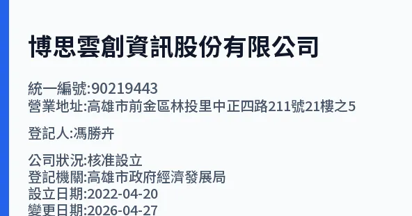 博思雲創資訊股份有限公司的照片-統編 90219443(高雄市) 公司登記資料與營業項目詳細圖表