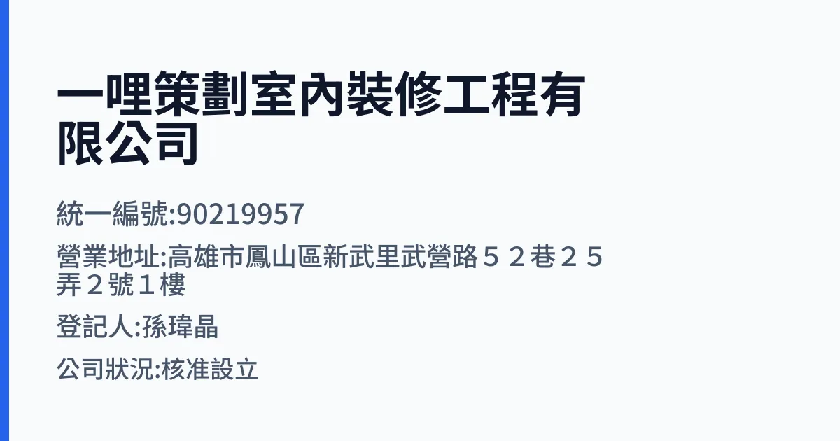 一哩策劃室內裝修工程有限公司 - 統編 90219957(高雄市) 公司登記資料與營業項目詳細圖表