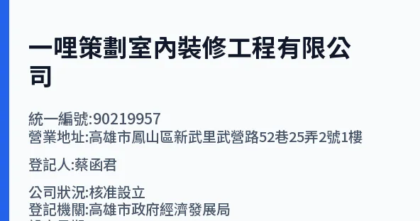 一哩策劃室內裝修工程有限公司的照片-統編 90219957(高雄市) 公司登記資料與營業項目詳細圖表