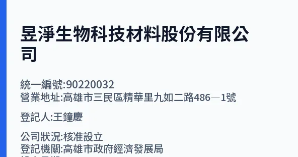 昱淨生物科技材料股份有限公司的照片-統編 90220032(高雄市) 公司登記資料與營業項目詳細圖表