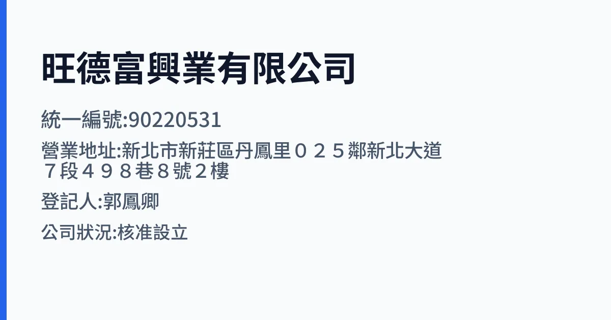 旺德富興業有限公司 - 統編 90220531(新北市) 公司登記資料與營業項目詳細圖表