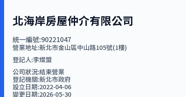 北海岸房屋仲介有限公司的照片-統編 90221047(新北市) 公司登記資料與營業項目詳細圖表