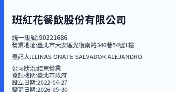 班紅花餐飲股份有限公司的照片-統編 90221686(臺北市) 公司登記資料與營業項目詳細圖表