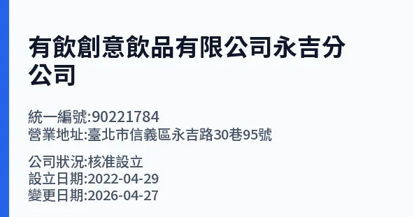 有飲創意飲品有限公司永吉分公司的照片-統編 90221784(臺北市) 公司登記資料與營業項目詳細圖表