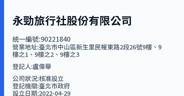 永勁旅行社股份有限公司的照片-統編 90221840(臺北市) 公司登記資料與營業項目詳細圖表
