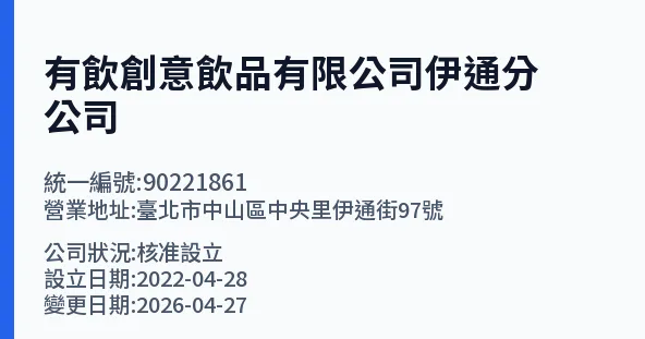 有飲創意飲品有限公司伊通分公司的照片-統編 90221861(臺北市) 公司登記資料與營業項目詳細圖表