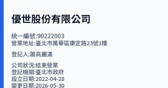 優世股份有限公司的照片-統編 90222003(臺北市) 公司登記資料與營業項目詳細圖表