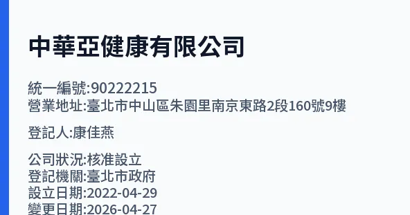 中華亞健康有限公司的照片-統編 90222215(臺北市) 公司登記資料與營業項目詳細圖表