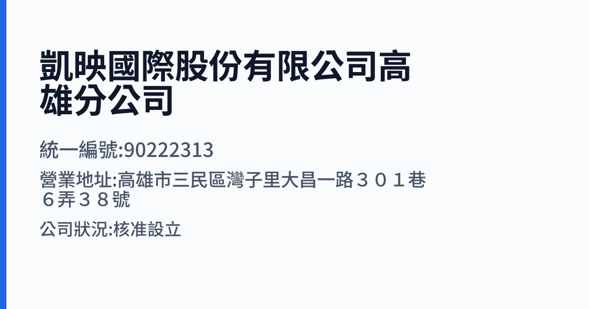 凱映國際股份有限公司高雄分公司 - 統編 90222313(高雄市) 公司登記資料與營業項目詳細圖表