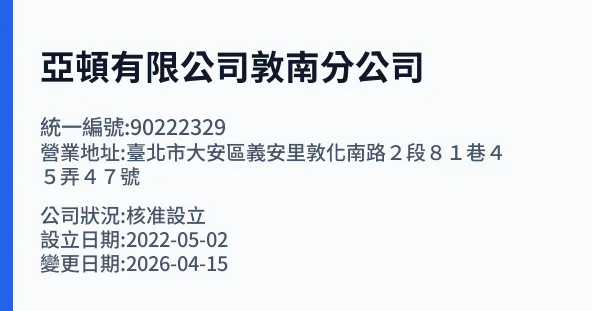 亞頓有限公司敦南分公司的照片-統編 90222329(臺北市) 公司登記資料與營業項目詳細圖表