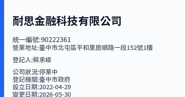 耐思金融科技有限公司的照片-統編 90222361(臺中市) 公司登記資料與營業項目詳細圖表