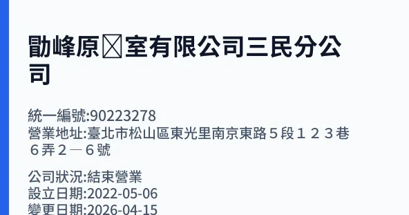 勖峰原傆室有限公司三民分公司的照片-統編 90223278(臺北市) 公司登記資料與營業項目詳細圖表