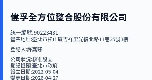 偉孚全方位整合股份有限公司的照片-統編 90223431(臺北市) 公司登記資料與營業項目詳細圖表