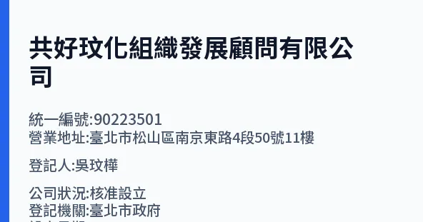 共好玟化組織發展顧問有限公司的照片-統編 90223501(臺北市) 公司登記資料與營業項目詳細圖表