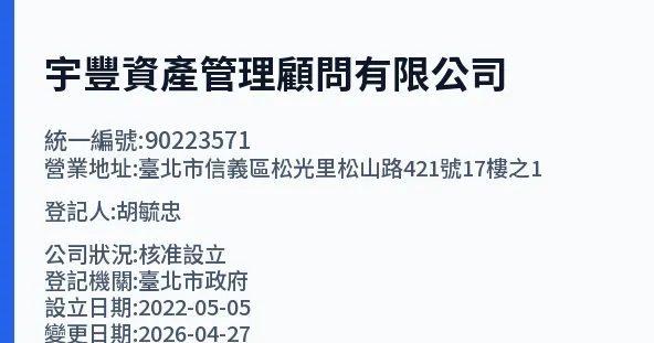 宇豐資產管理顧問有限公司的照片-統編 90223571(臺北市) 公司登記資料與營業項目詳細圖表