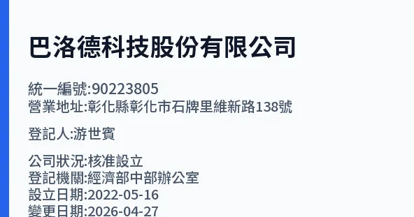 巴洛德科技股份有限公司的照片-統編 90223805(彰化縣) 公司登記資料與營業項目詳細圖表