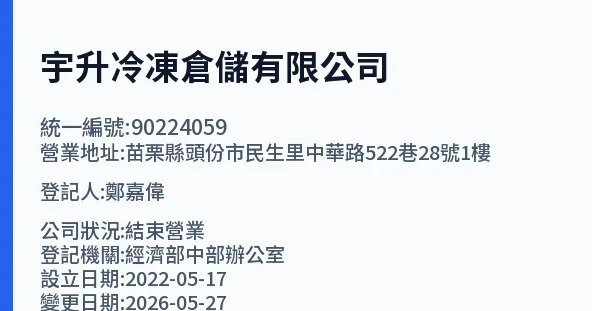 宇升冷凍倉儲有限公司的照片-統編 90224059(苗栗縣) 公司登記資料與營業項目詳細圖表