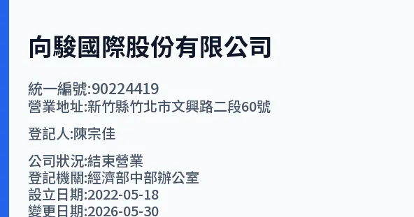 向駿國際股份有限公司的照片-統編 90224419(新竹縣) 公司登記資料與營業項目詳細圖表