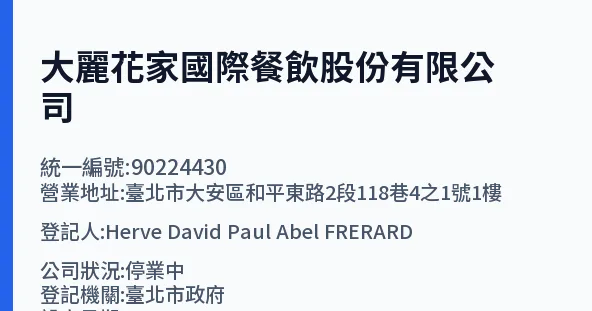 大麗花家國際餐飲股份有限公司的照片-統編 90224430(臺北市) 公司登記資料與營業項目詳細圖表
