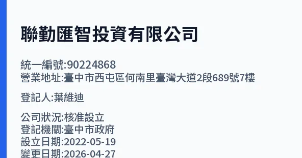 聯勤匯智投資有限公司的照片-統編 90224868(臺中市) 公司登記資料與營業項目詳細圖表